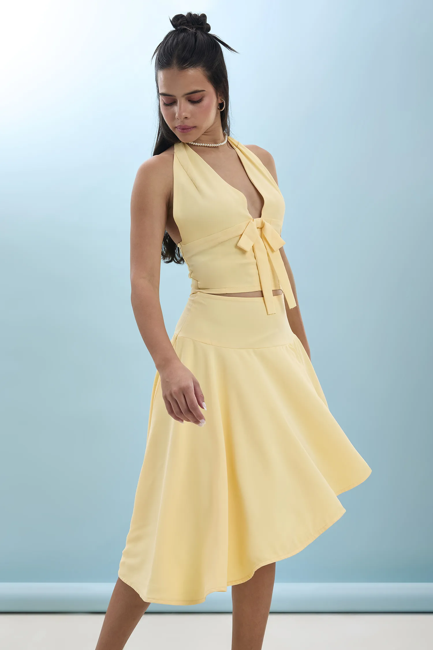 Yellow Halter Neck Top And Asymmetrical Skirt Coord - NEWME