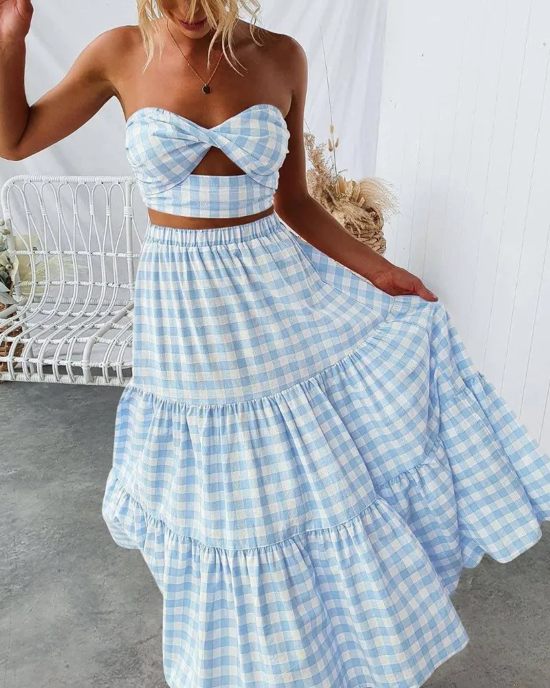 Light Blue Checkered Tiered Skirt - NEWME
