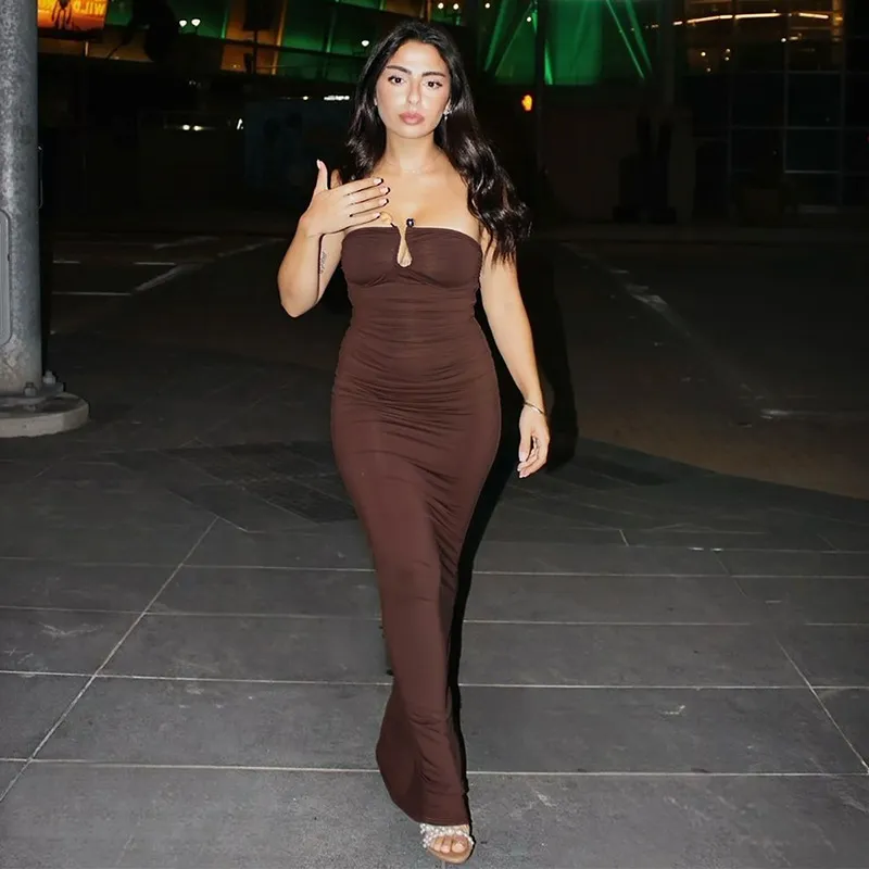 Brown Bodycon Maxi Dress - NEWME