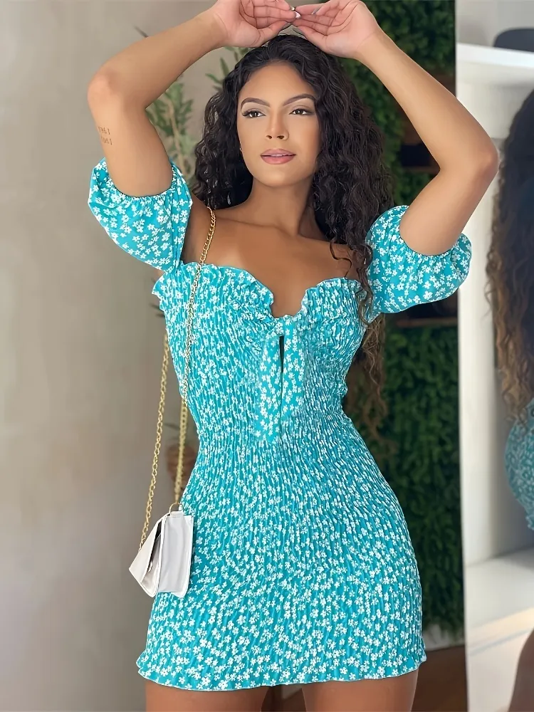 Turquoise Blue Floral Bodycon Micro Mini Dress - NEWME
