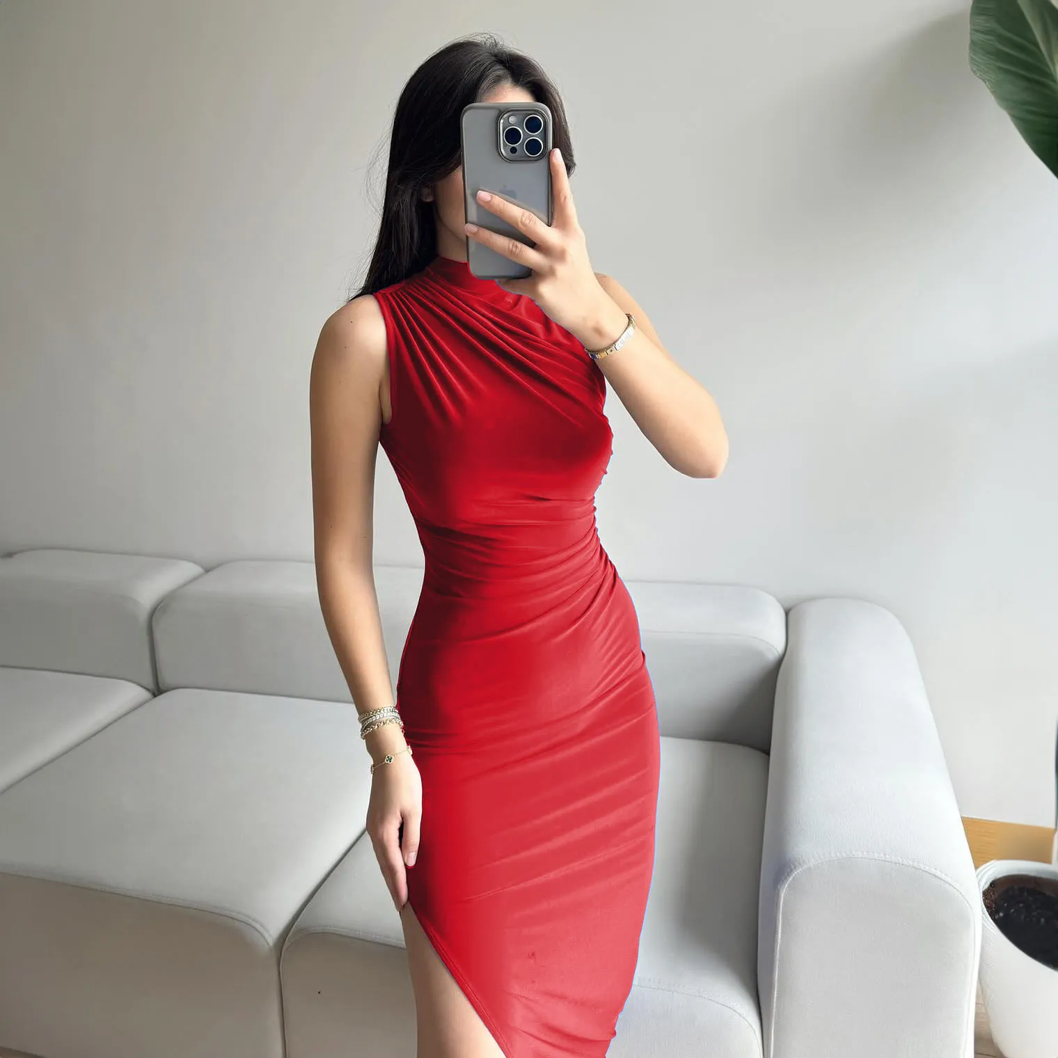 High Neck Red Maxi Dress - NEWME