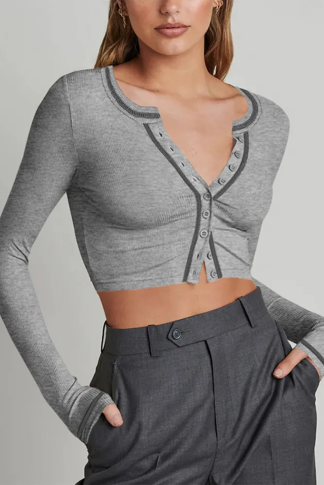 Grey Buttoned Crop Top - NEWME