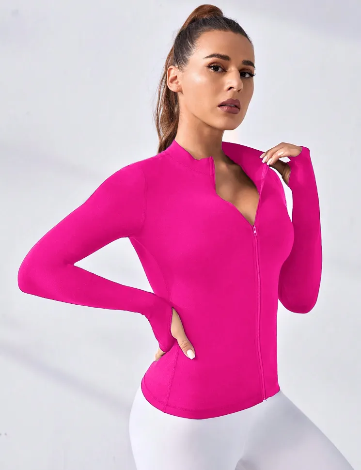 Fuchsia Thumbhole Sleeve Sporty Jacket - NEWME