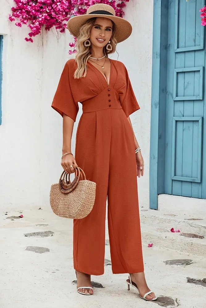Rust Solid Plunge Neck Jumpsuit - NEWME