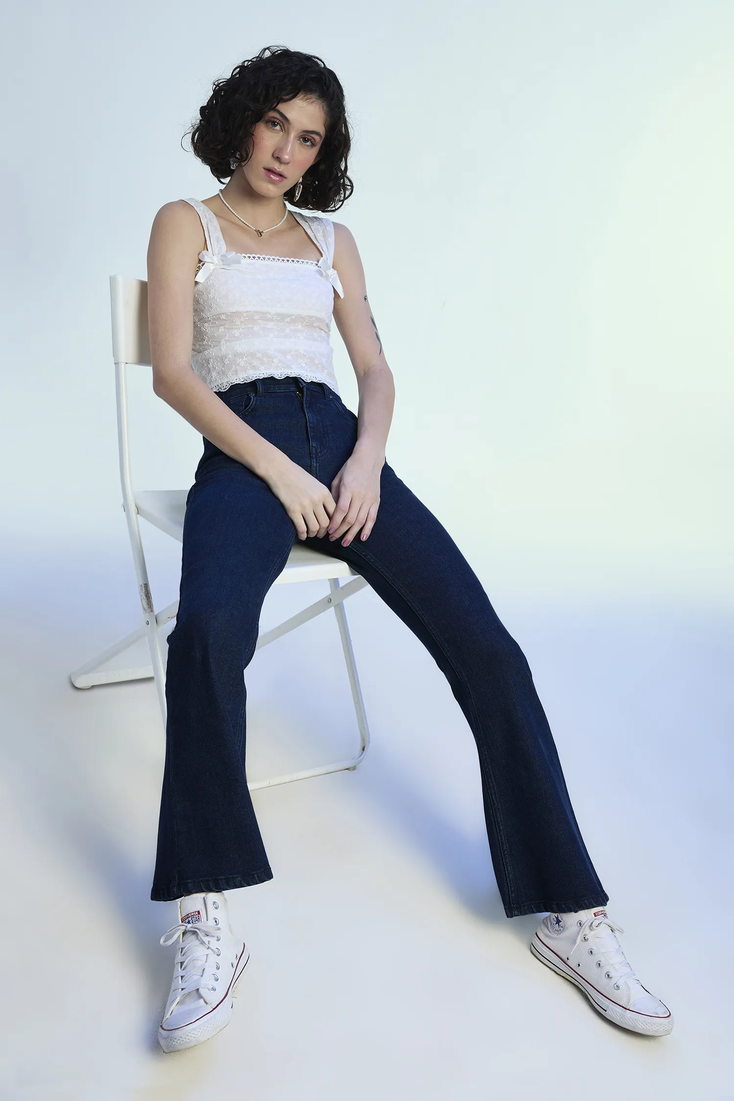 Dark Blue Tinted Indigo Slim Fit High Rise Stretch Bootcut Jeans - NEWME