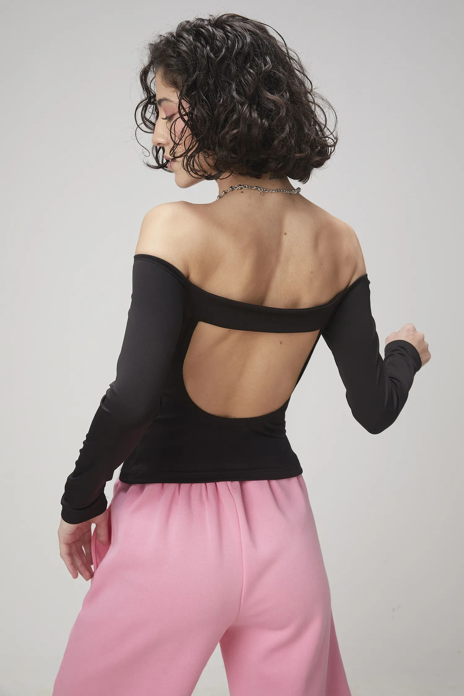 Black Off Shoulder Backless Top - NEWME