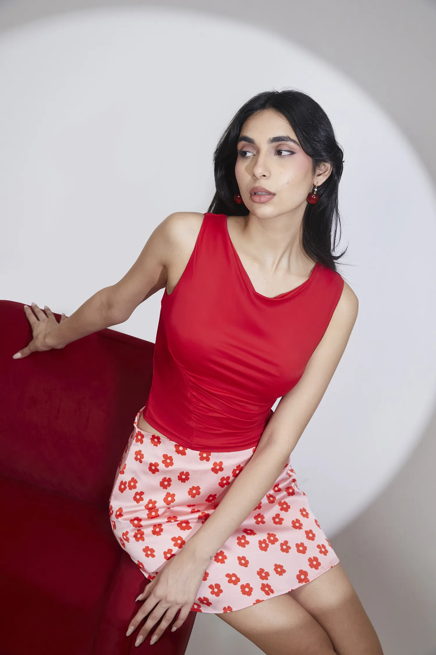 Red Solid Cowl Neck Top - NEWME