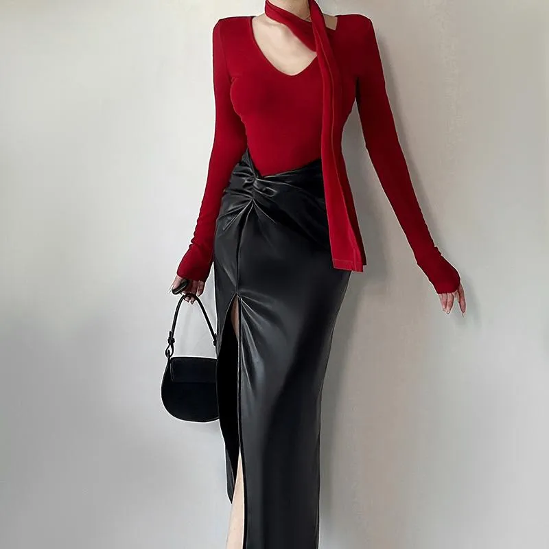 Red Solid V-Neck Top - NEWME