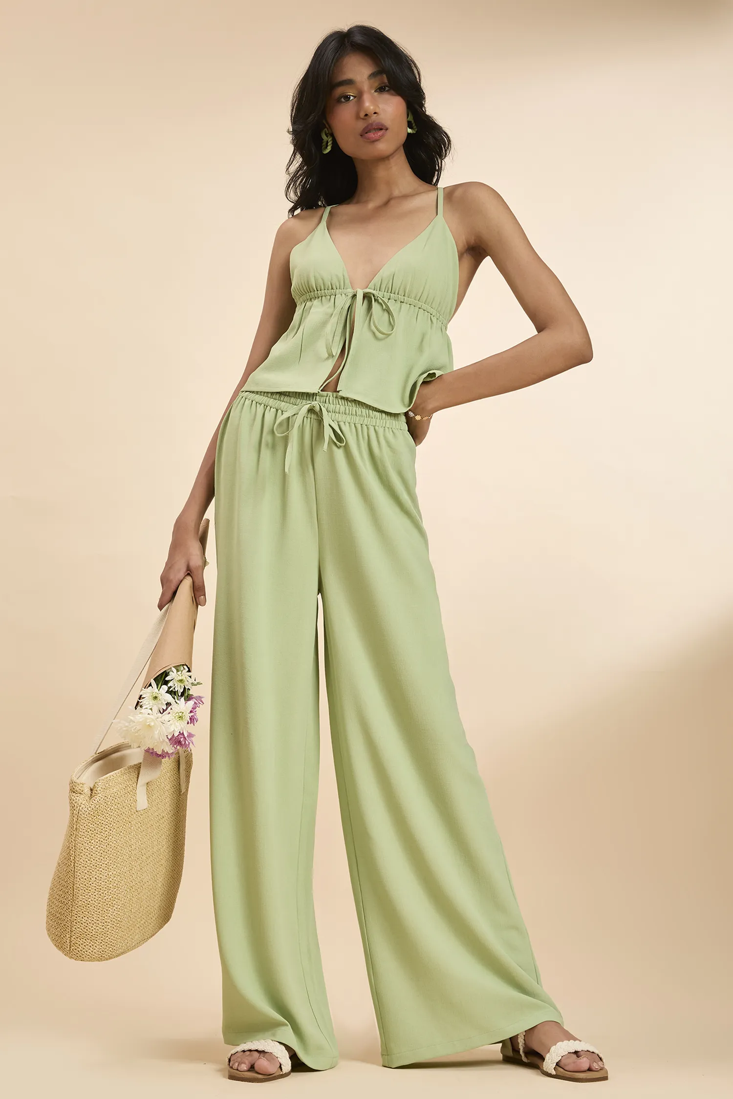 Mint Green Solid Cami Top Parallel Trousers Coord Set - NEWME
