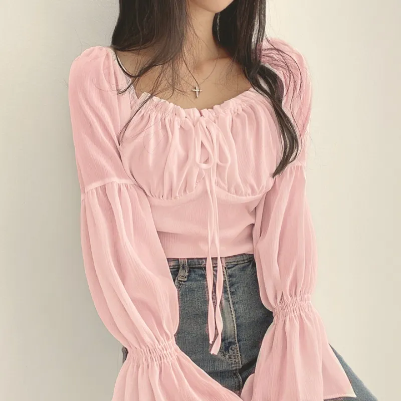 Light Pink Bell Sleeve Crop Top - NEWME