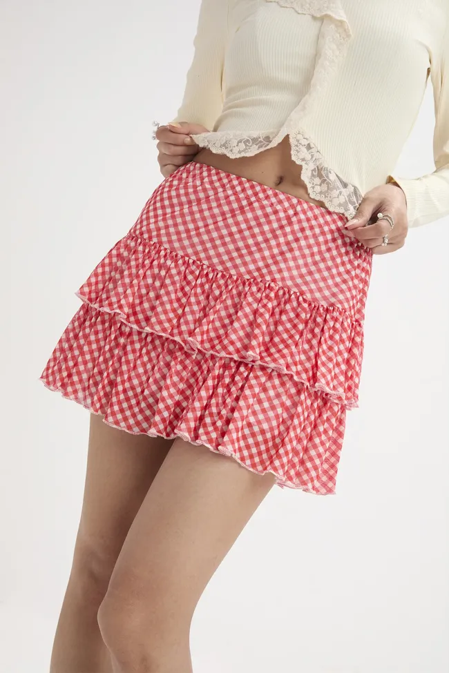 Red Checkered Tier Mini Skirt - NEWME