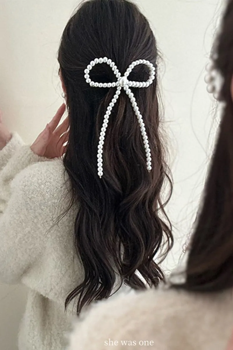 Imitation White Pearl Embellished Bow Hair Clip - NEWME