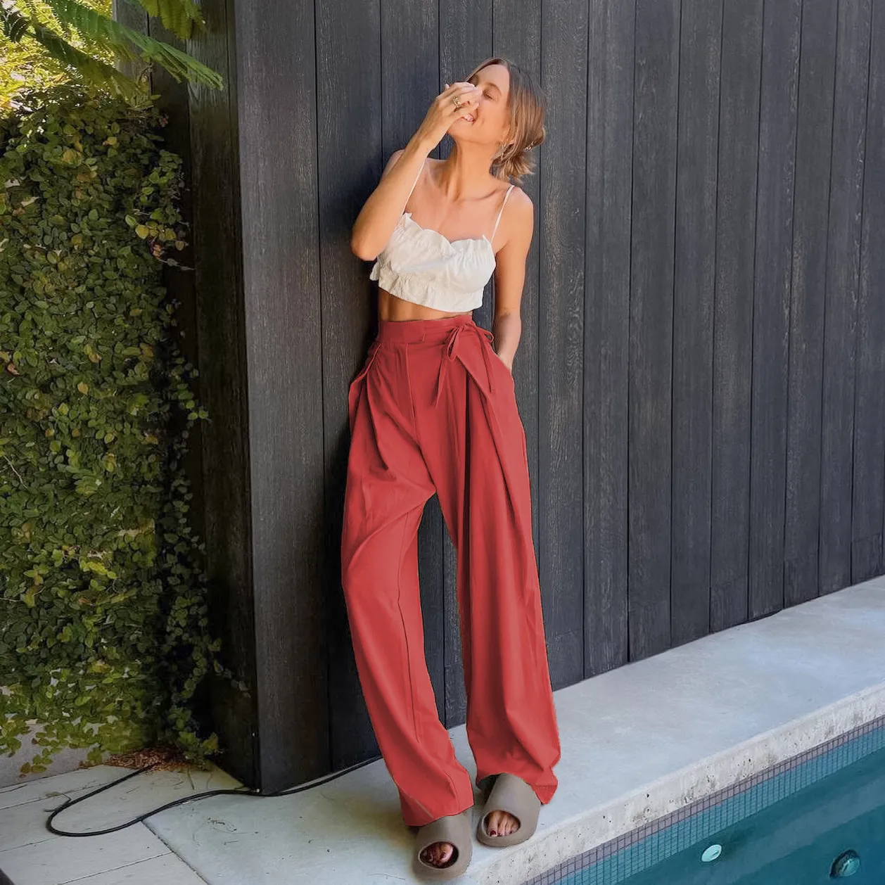 Orange High Rise Pleated Pants - NEWME