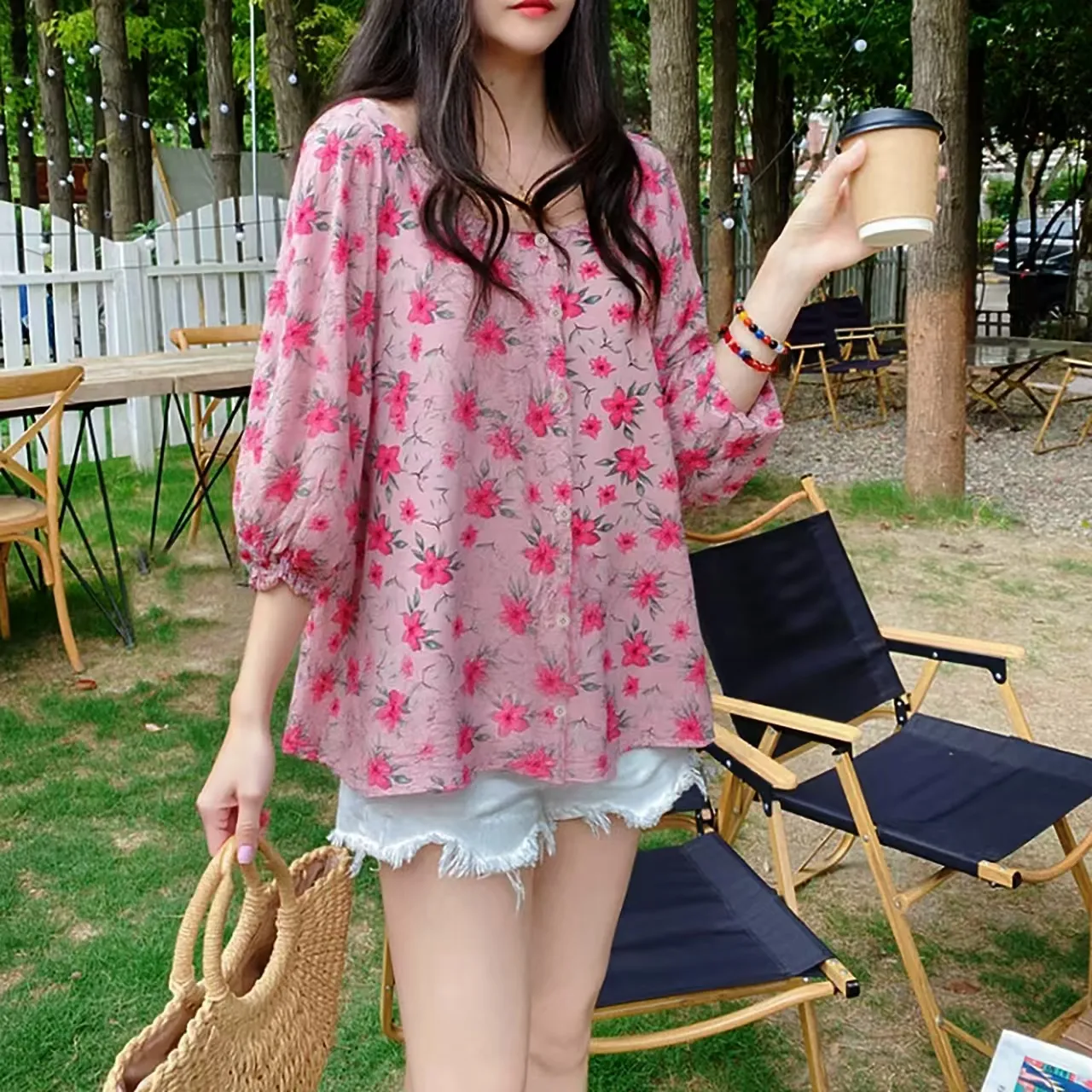 Beige Floral Shirt Style Aline Top - NEWME