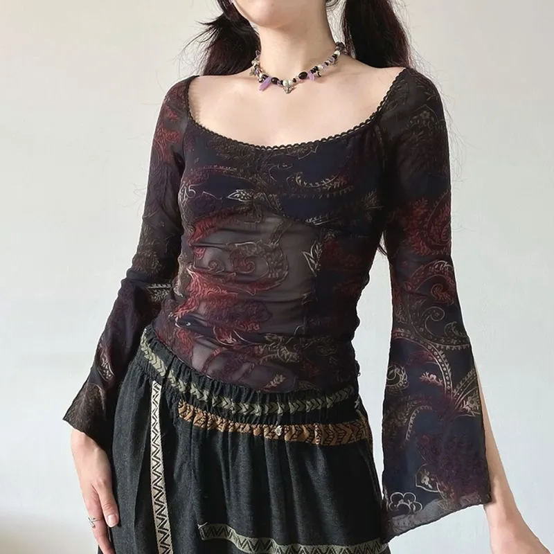 Black Paisley Slit Sleeve Top - NEWME