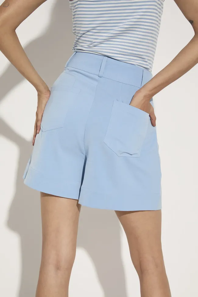 Solid Light Blue Tailored Shorts - NEWME