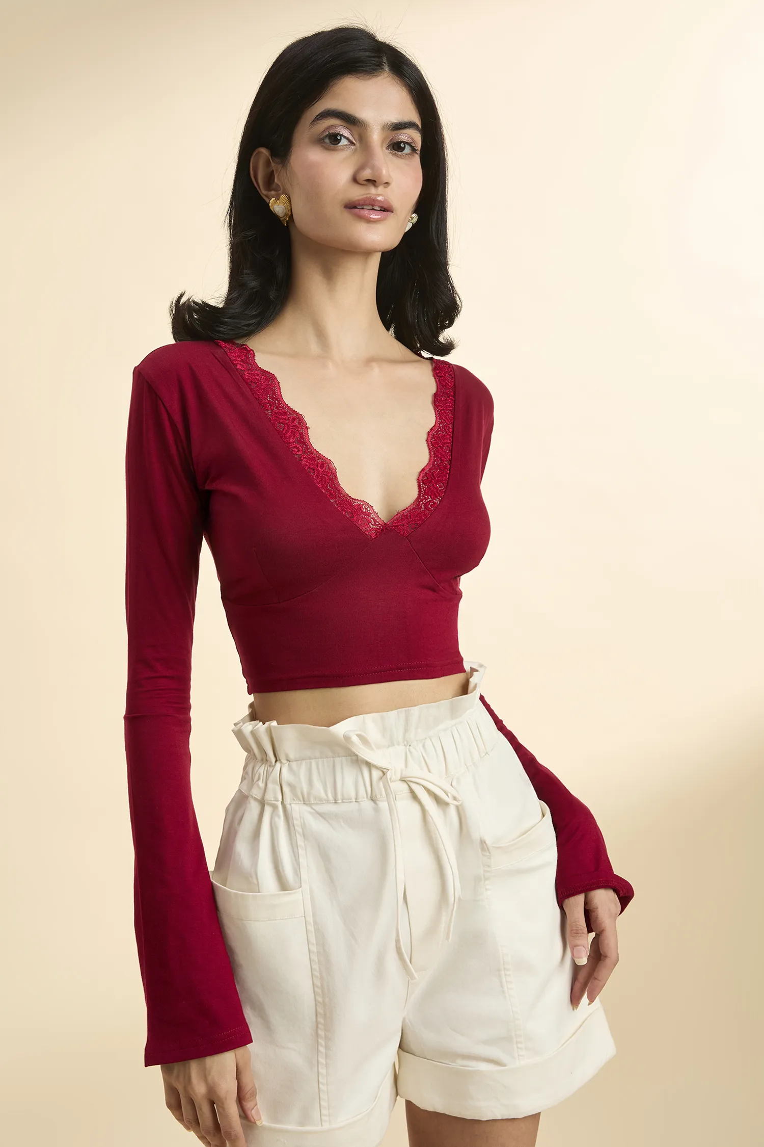 Maroon Lace Detail Crop Top - NEWME