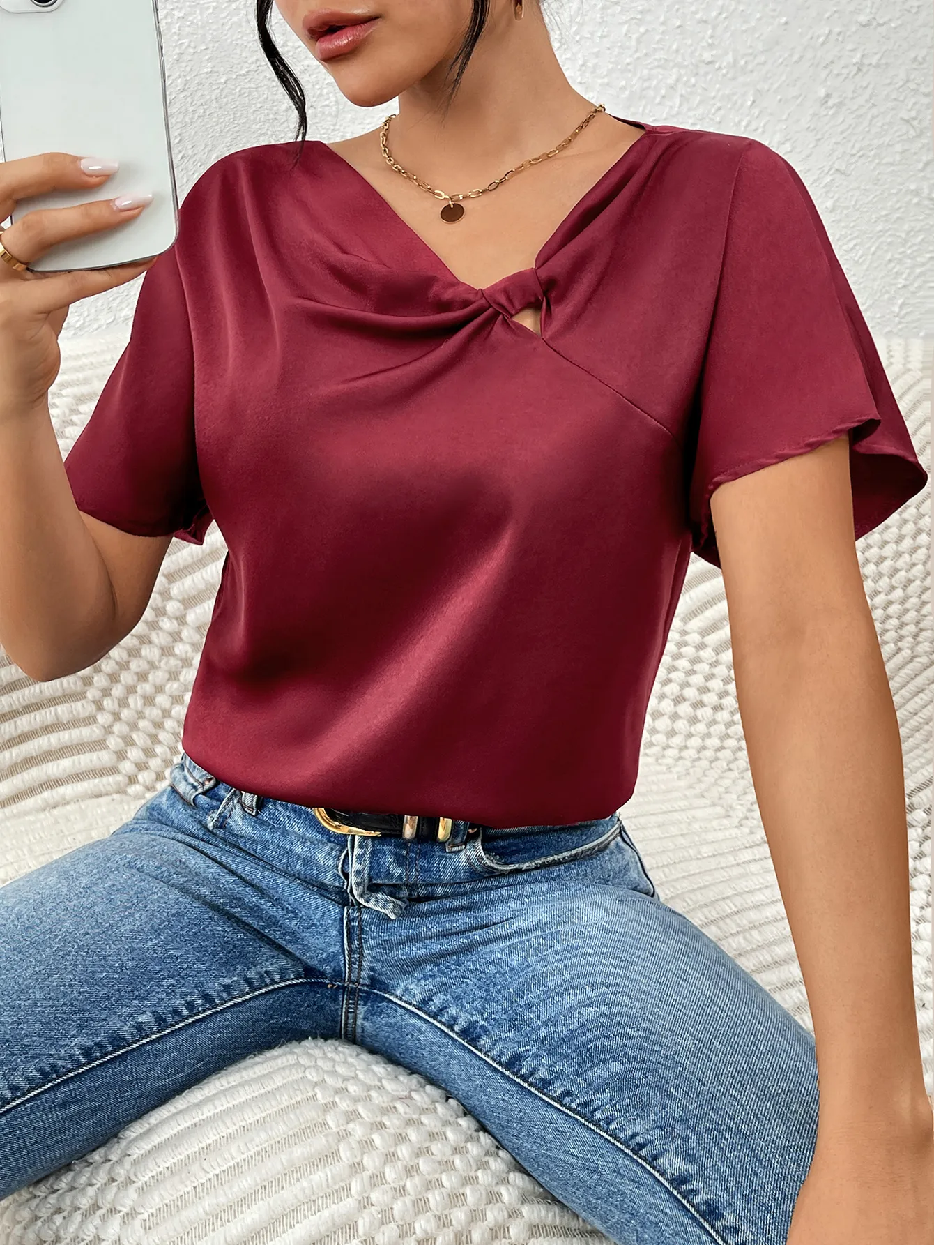 Maroon Asymmetric Neck Knot Detail Top - NEWME