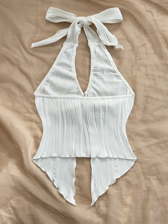 White Textured Halter Neck High Low Top - NEWME