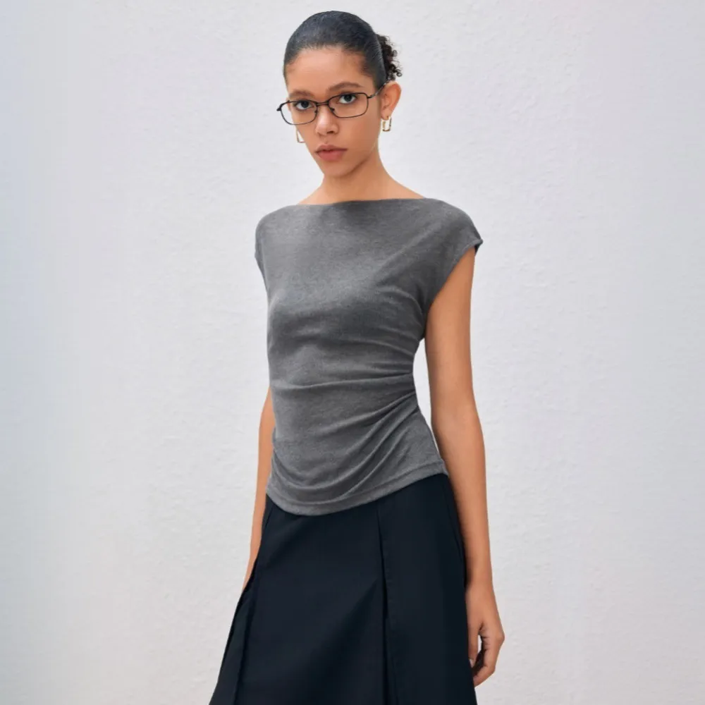 Light Grey Solid Boat Neck Top - NEWME