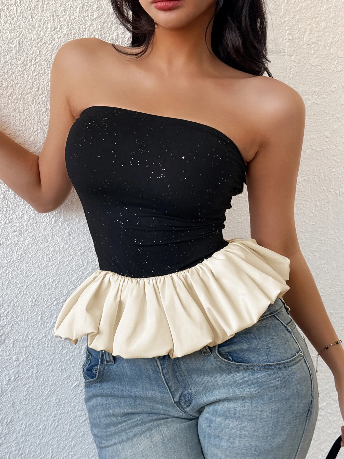 Ruffled Black Tube Top - NEWME