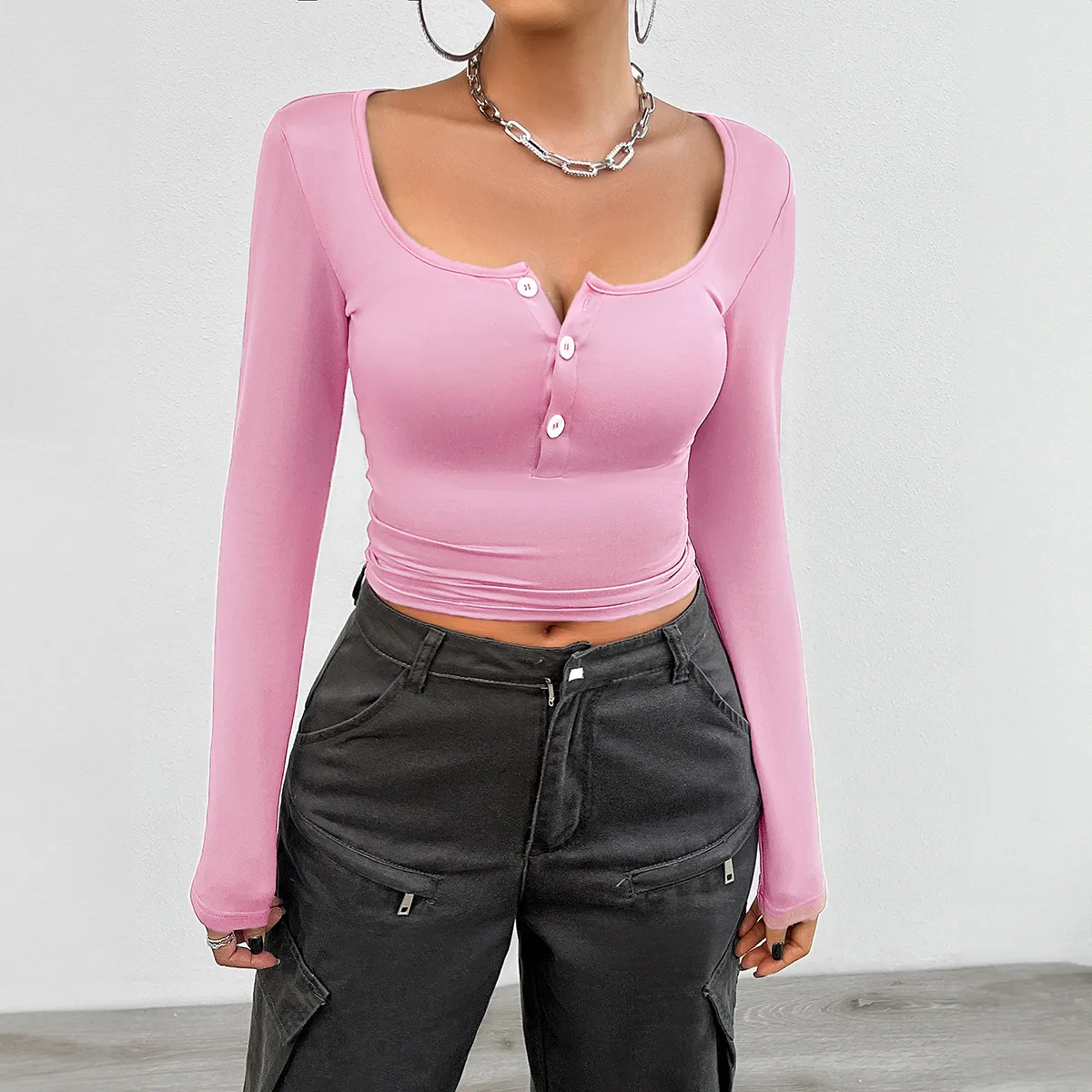 Light Pink Solid Scoop Henley Crop Top - NEWME