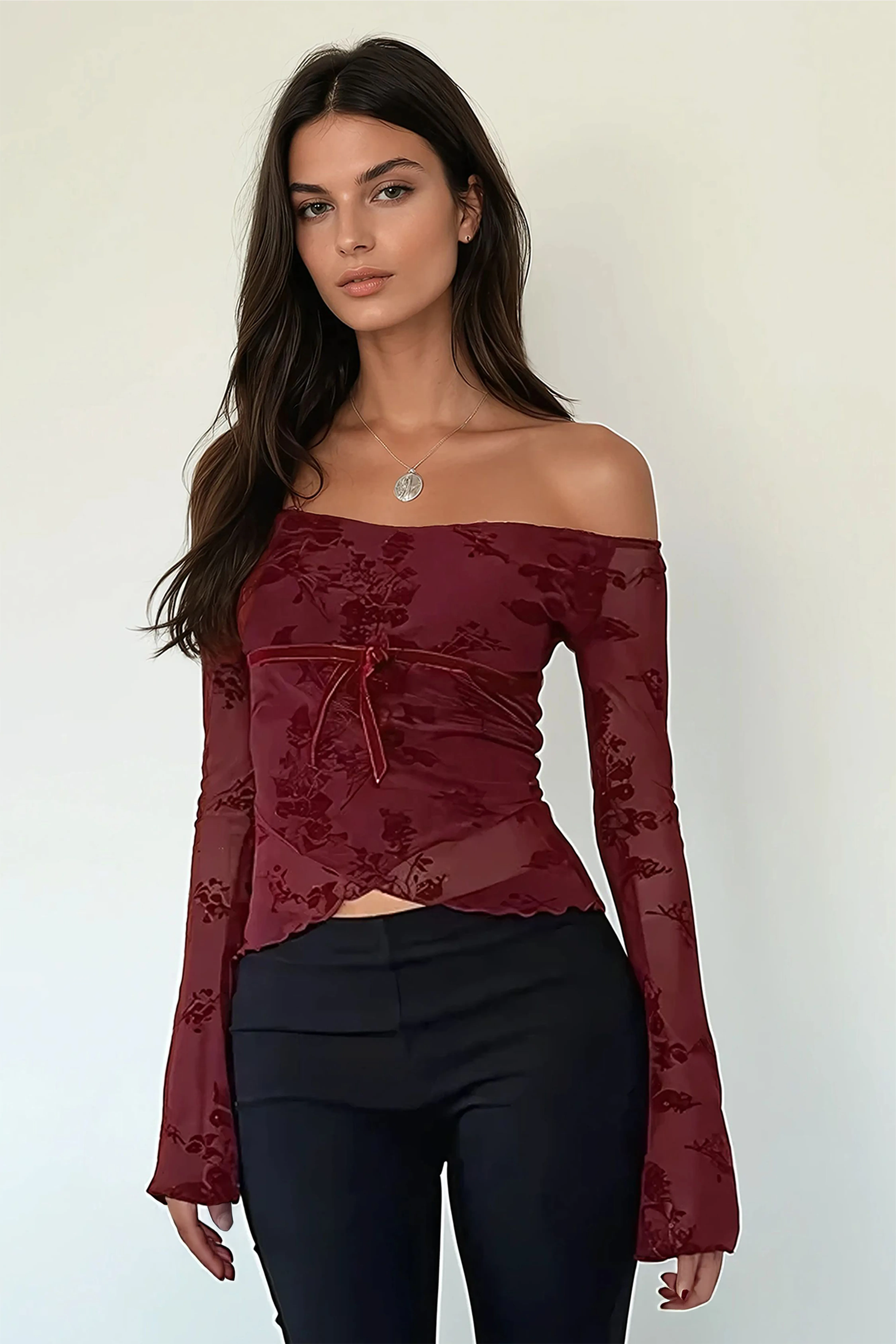 Maroon Floral Off Shoulder Top - NEWME