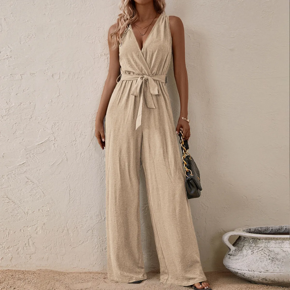 Beige Surplice Neck Textured Jumpsuit - NEWME