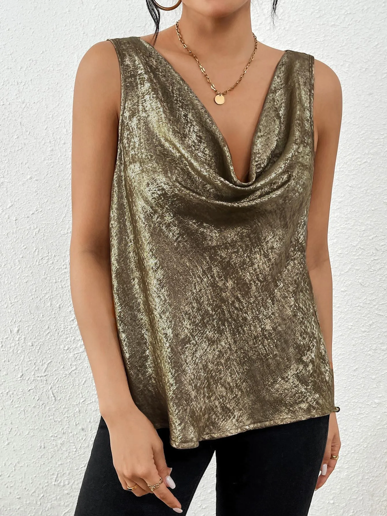 Bronze Metallic Cowl Neck Top - NEWME