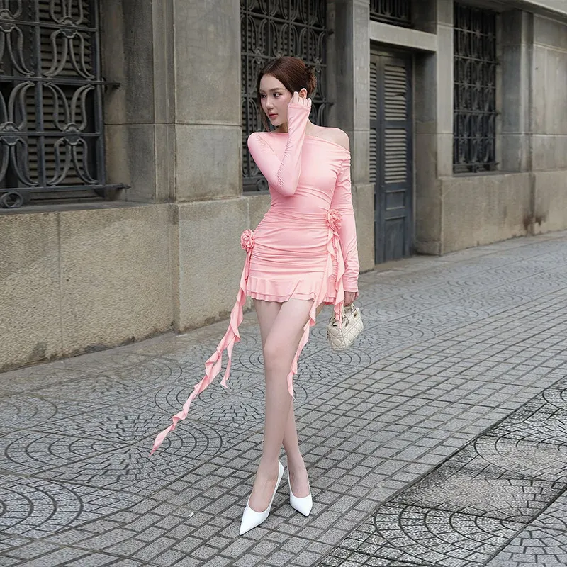 Light Pink Ruffles Detail Micro Mini Dress - NEWME