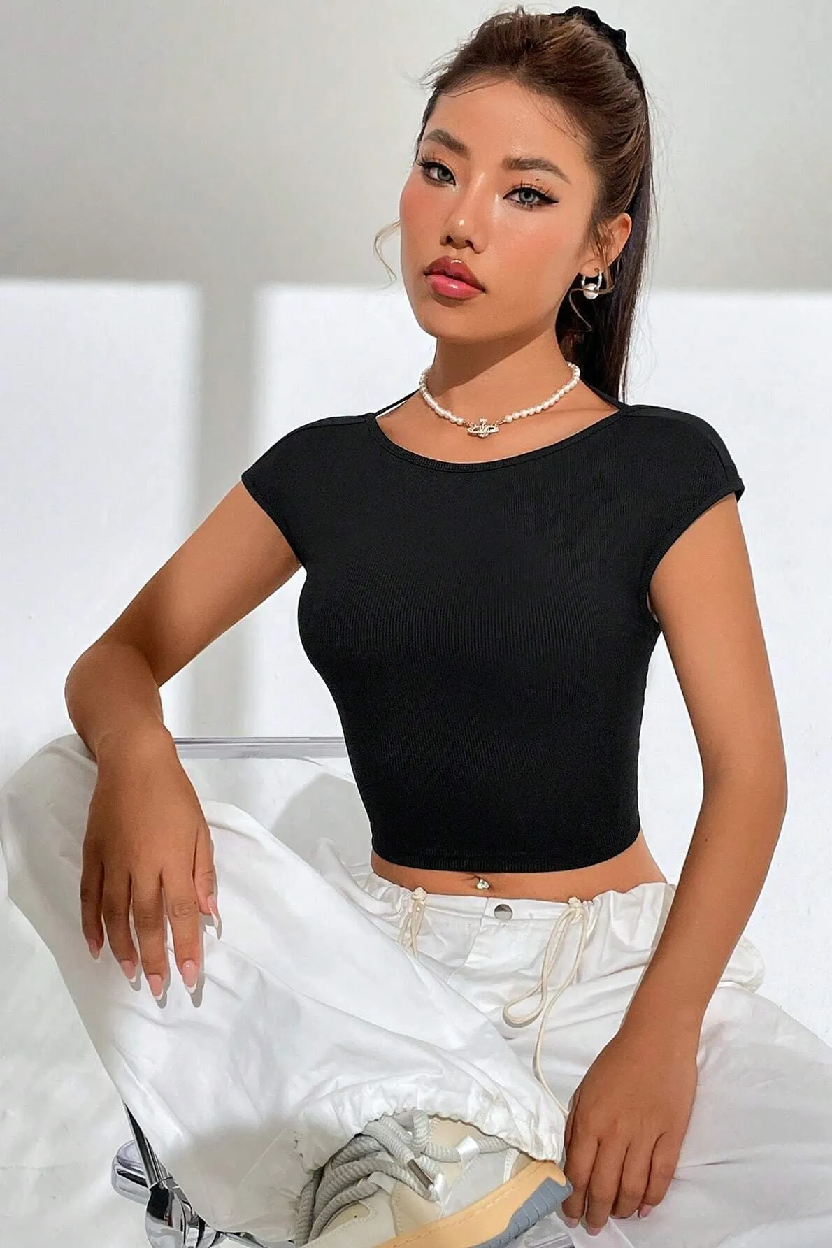 Black Solid Boat Neck Crop Top - NEWME