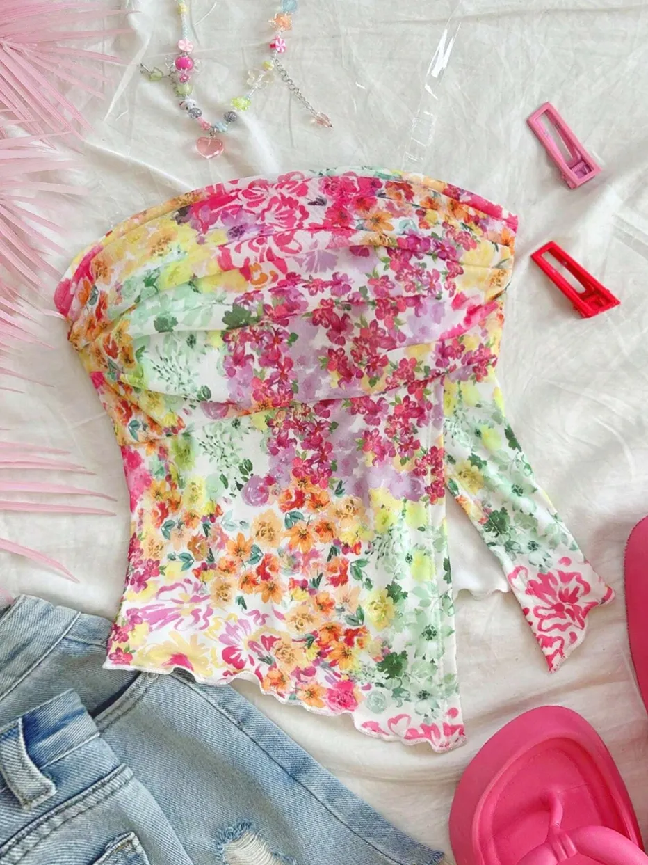 Dark Pink Floral Ruched Tube Top - NEWME