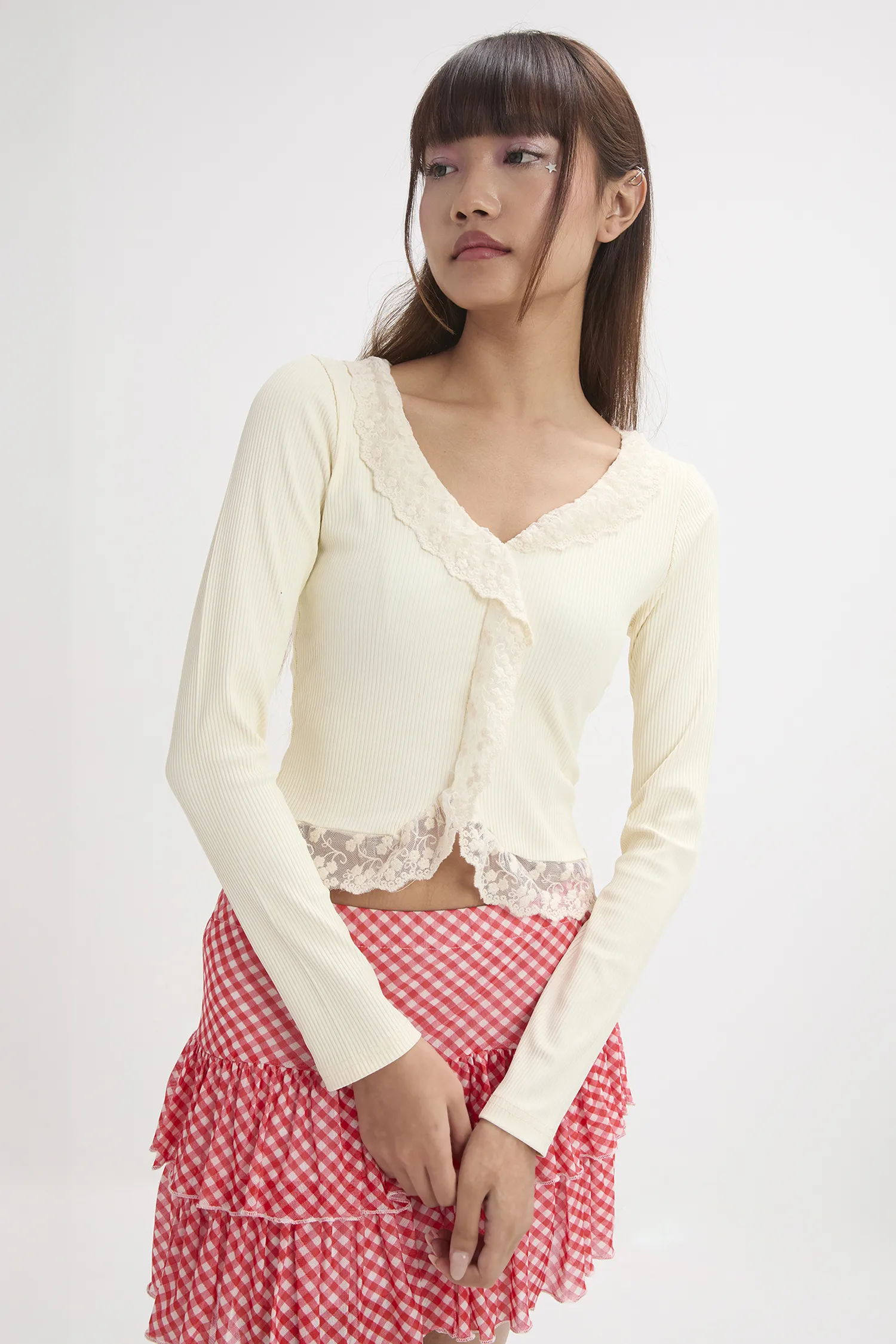 Lace Trim Off White Top - NEWME