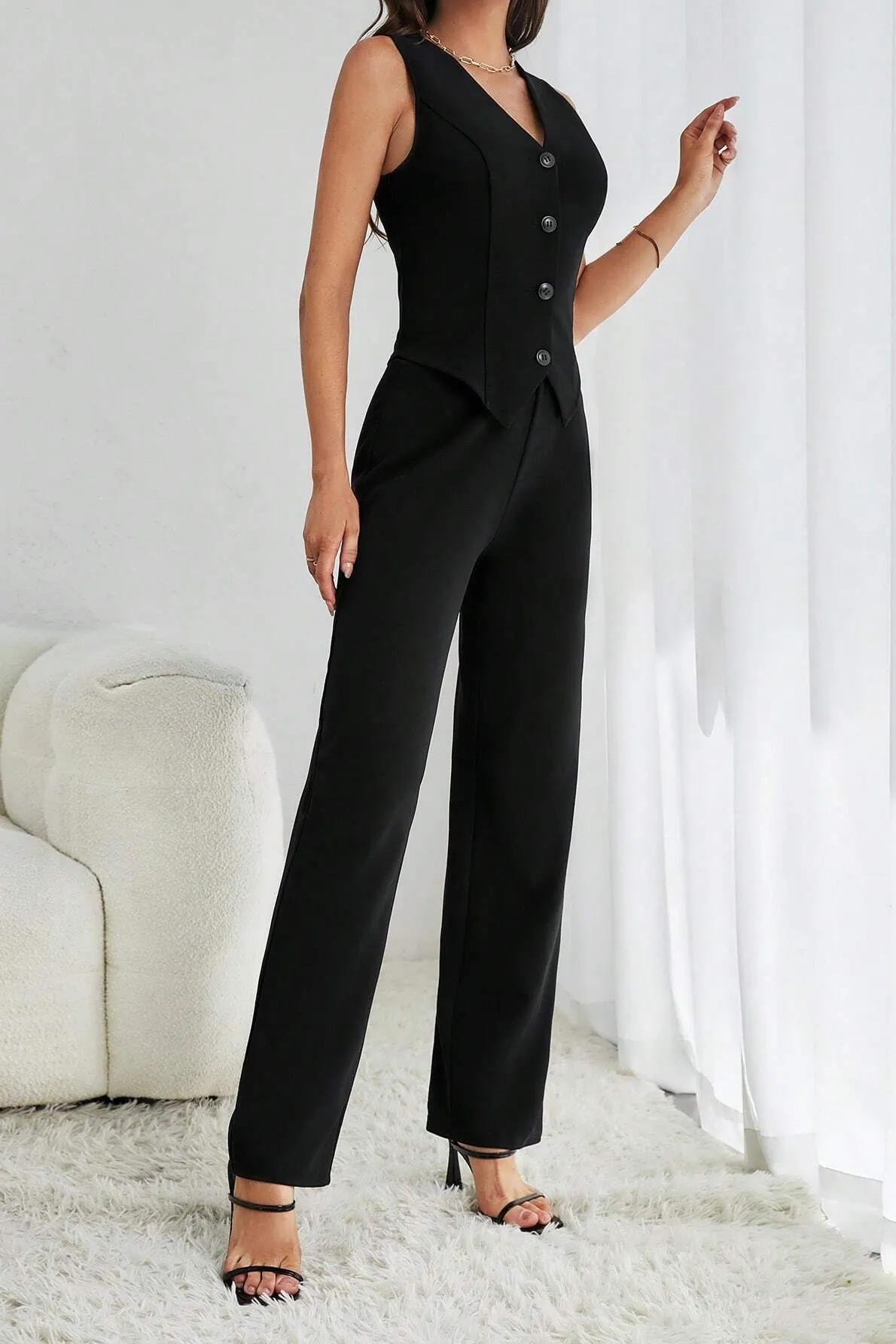 Black Vneck Buttoned Coord Set - NEWME