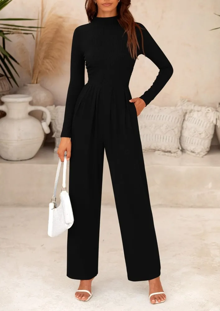 Black High Neck Pleated Jumpsuit - NEWME