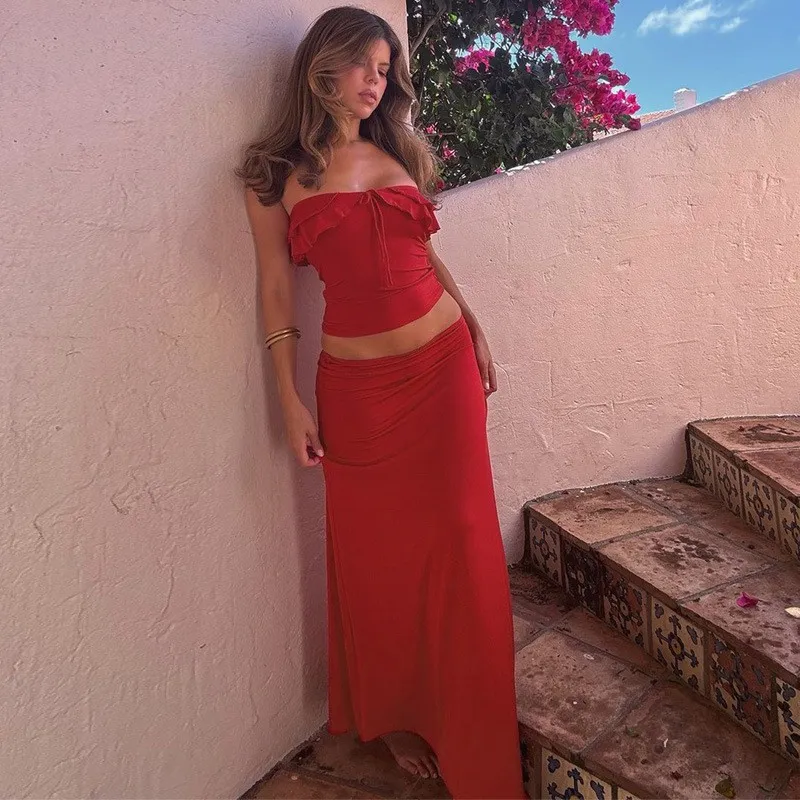 Red Ruffled Tube Neck Coord Set - NEWME