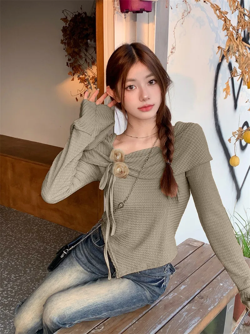 Light Brown Textured Asymmetric Neck Top - NEWME