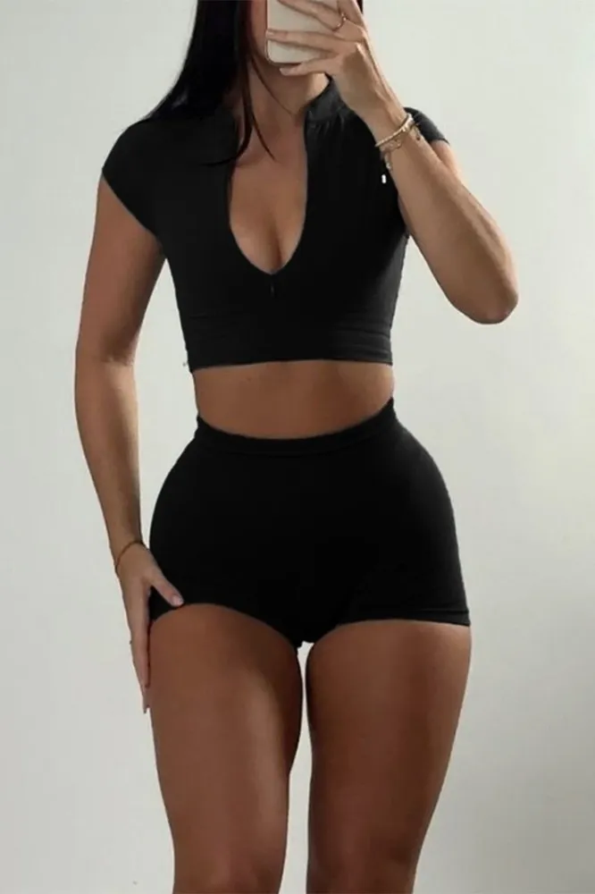 Black Plunge Neck Crop Coord Set - NEWME