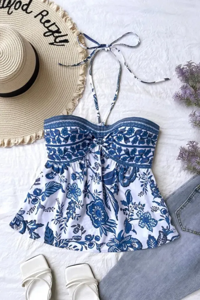 Blue Floral Halter Neck Crop Top - NEWME