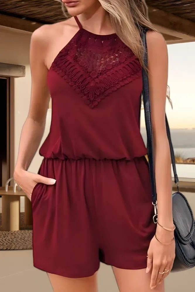 Maroon Lace Halter Neck Playsuit - NEWME