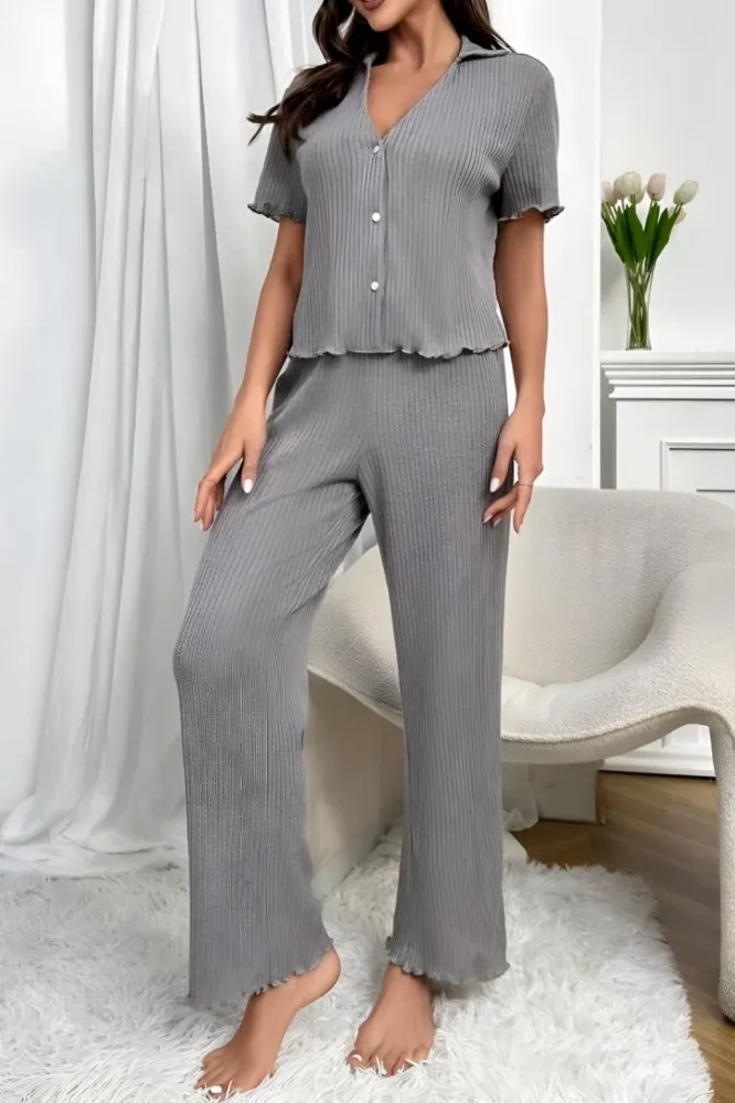 Grey Buttoned Lapel Collar Coord Set - NEWME