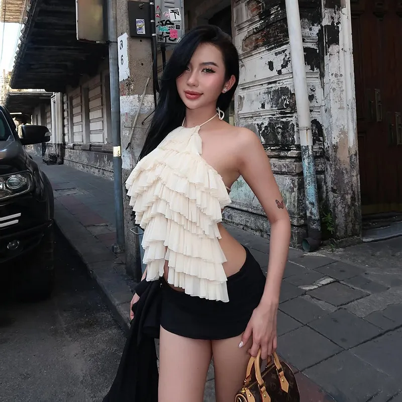 Cream Ruffles Detail Halter Top - NEWME
