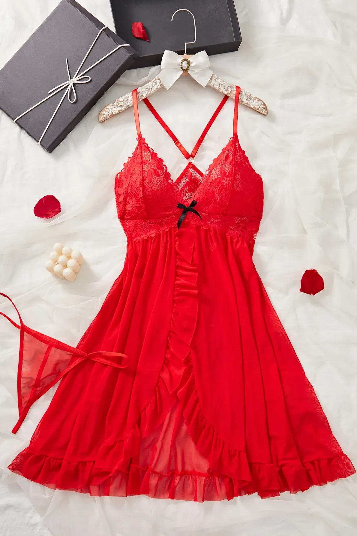 Red Ruffled Vneck Babydoll Set - NEWME