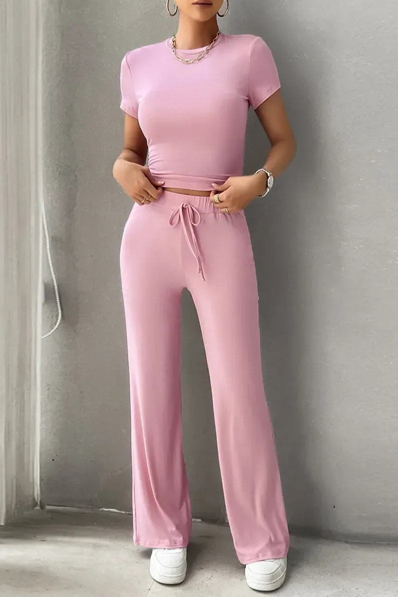 Pink Solid Crew Neck Coord Set - NEWME