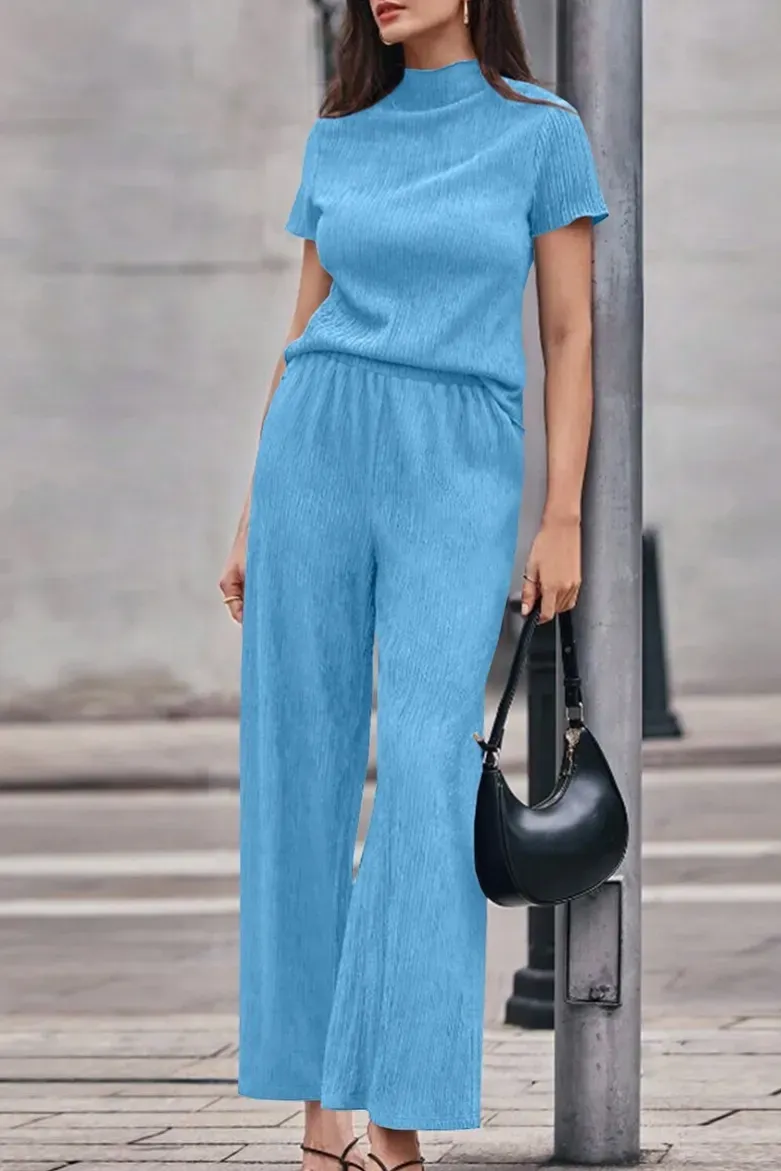 Blue Solid High Neck Coord Set - NEWME