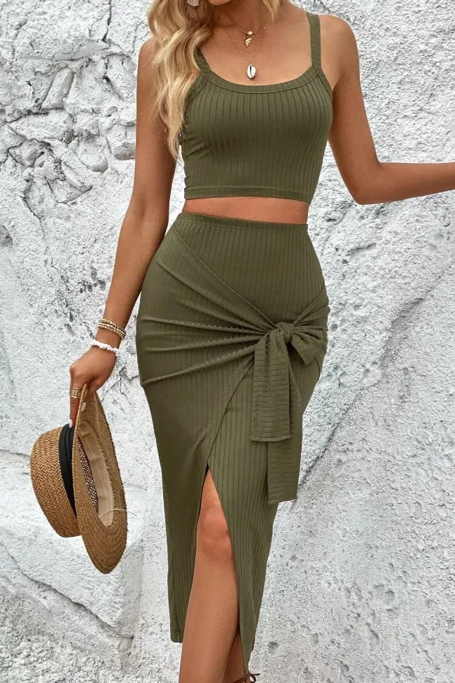 Olive Green Knot Skirt Coord Set - NEWME