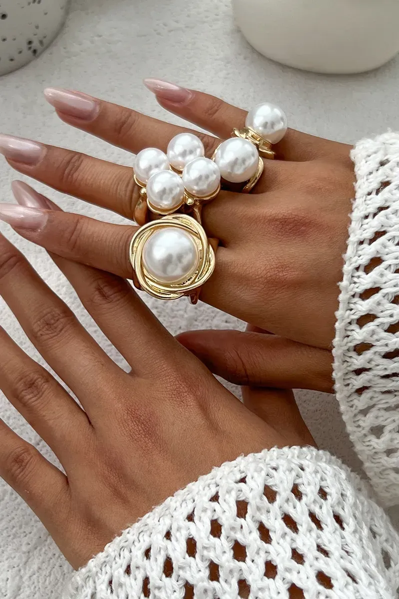 White Pearl Set Of Statement Imitation Rings - NEWME