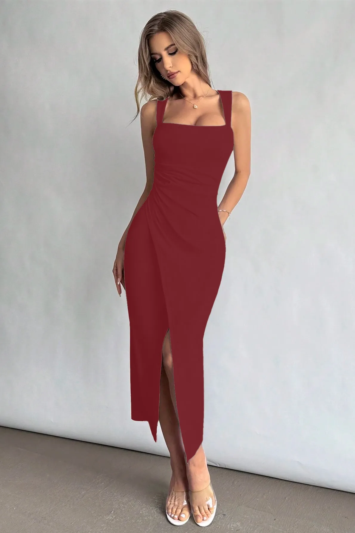 Maroon Solid Square Neck Midi Dress - NEWME