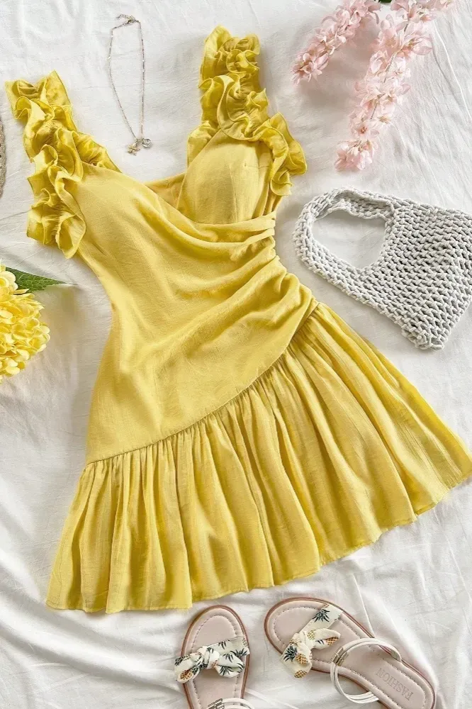 Yellow Scoop Neck Tiered Mini Dress - NEWME