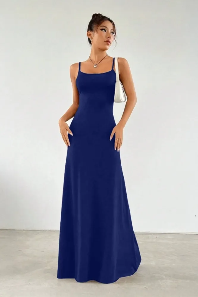 Navy Blue Backless Maxi Dress - NEWME